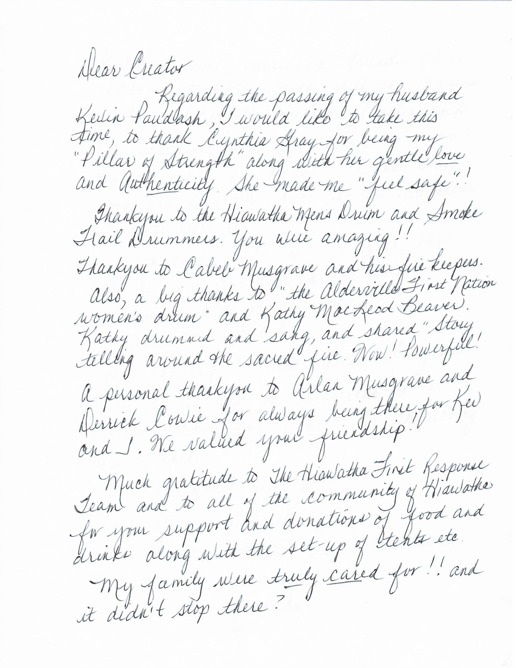 Hiawatha First Nation Letter of Thanks from Paudash Family