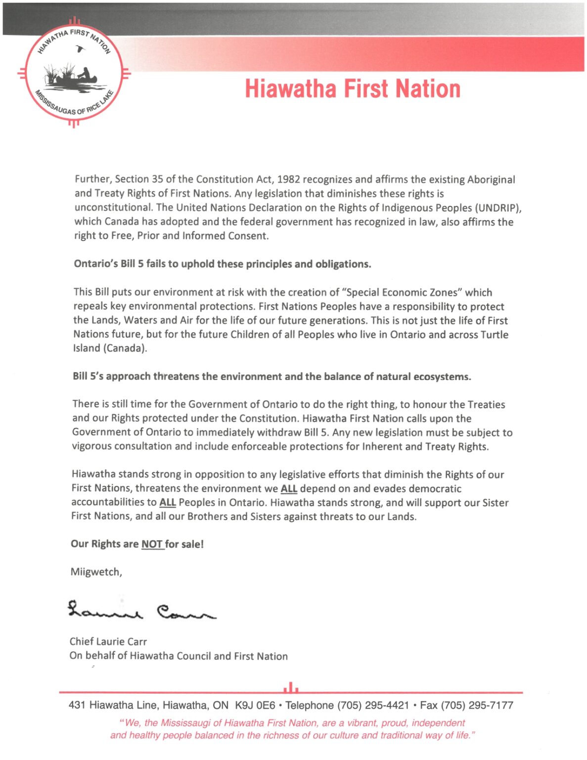 Hiawatha First Nation Open Letter on Bill 5